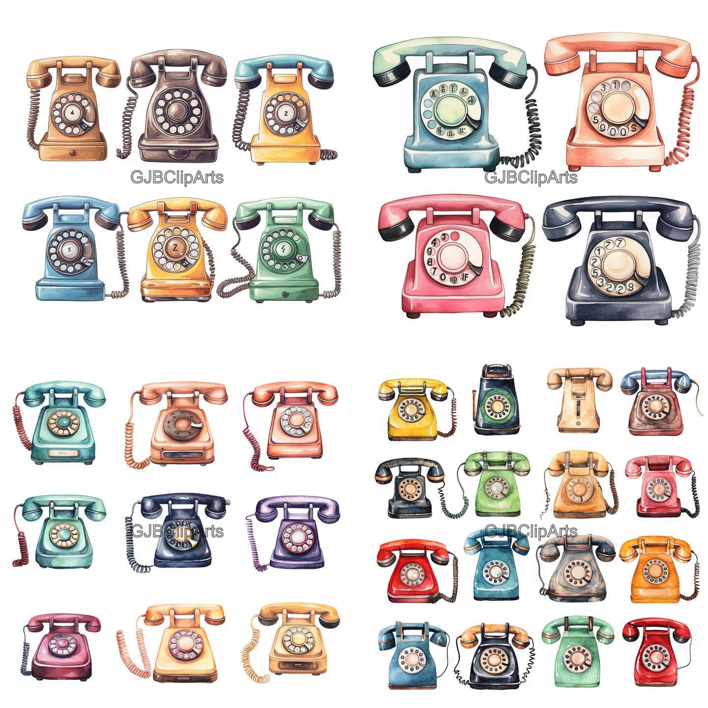 Classic Display of Vintage Retro Telephones Collection,digital Clipart ...
