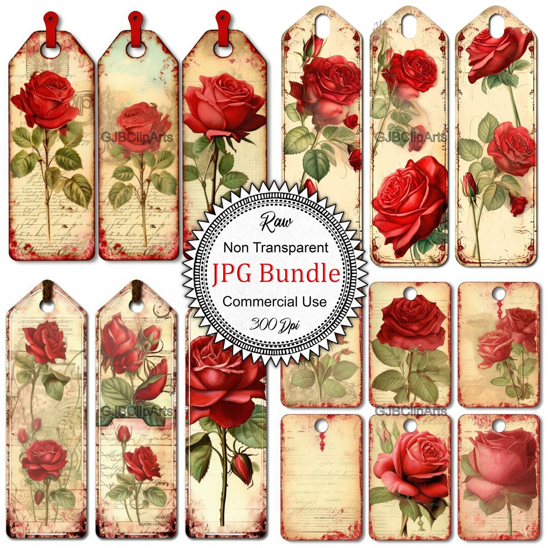 Red Rose Vintage Tag Clipart, Scrapbooking Supplies, Junk Journals ...