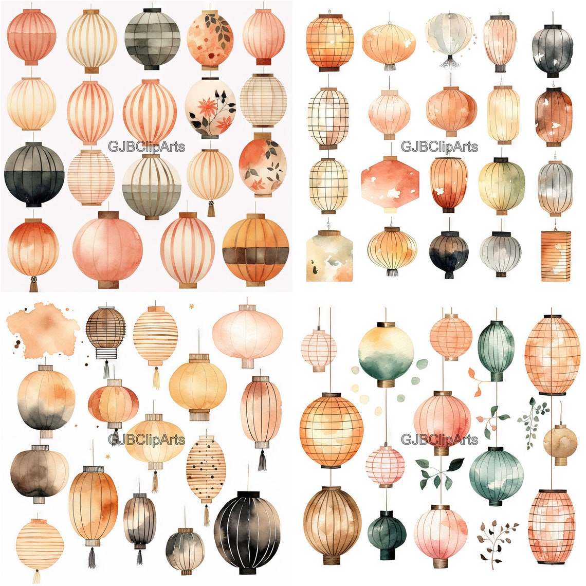 Watercolor Lampion and Paper Lantern Clipart, Journaling Lines Stamp ...