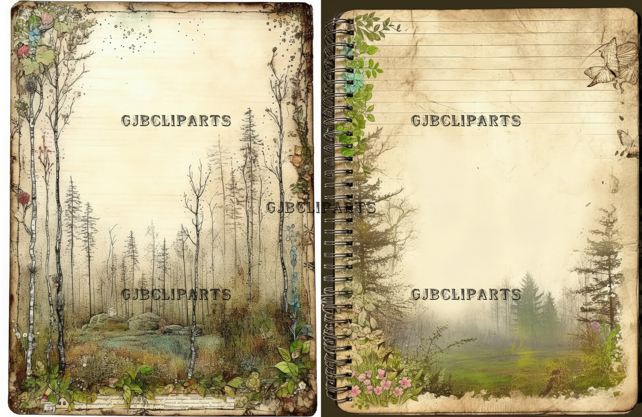 Shabby Forest Lined Page Clipart, Empty Journal Page Clipart ...