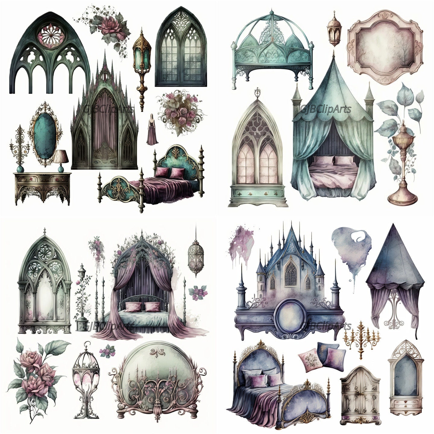 Enigmatic Gothic Princess Room Collection Clipart: Watercolor Gothic ...