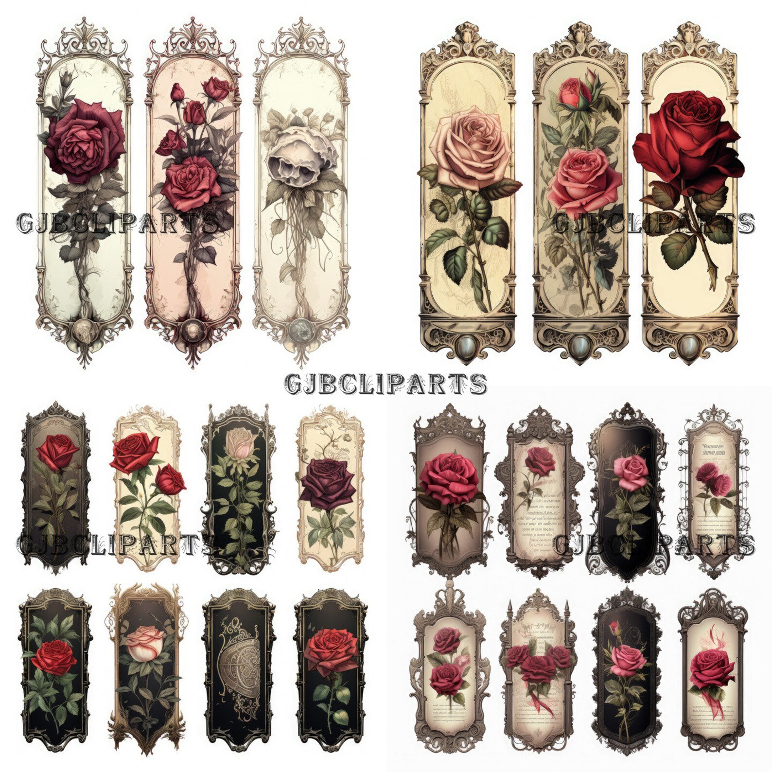 Gothic Roses Tall Ornate Labels, Junk Journal Book Vintage Clipart ...