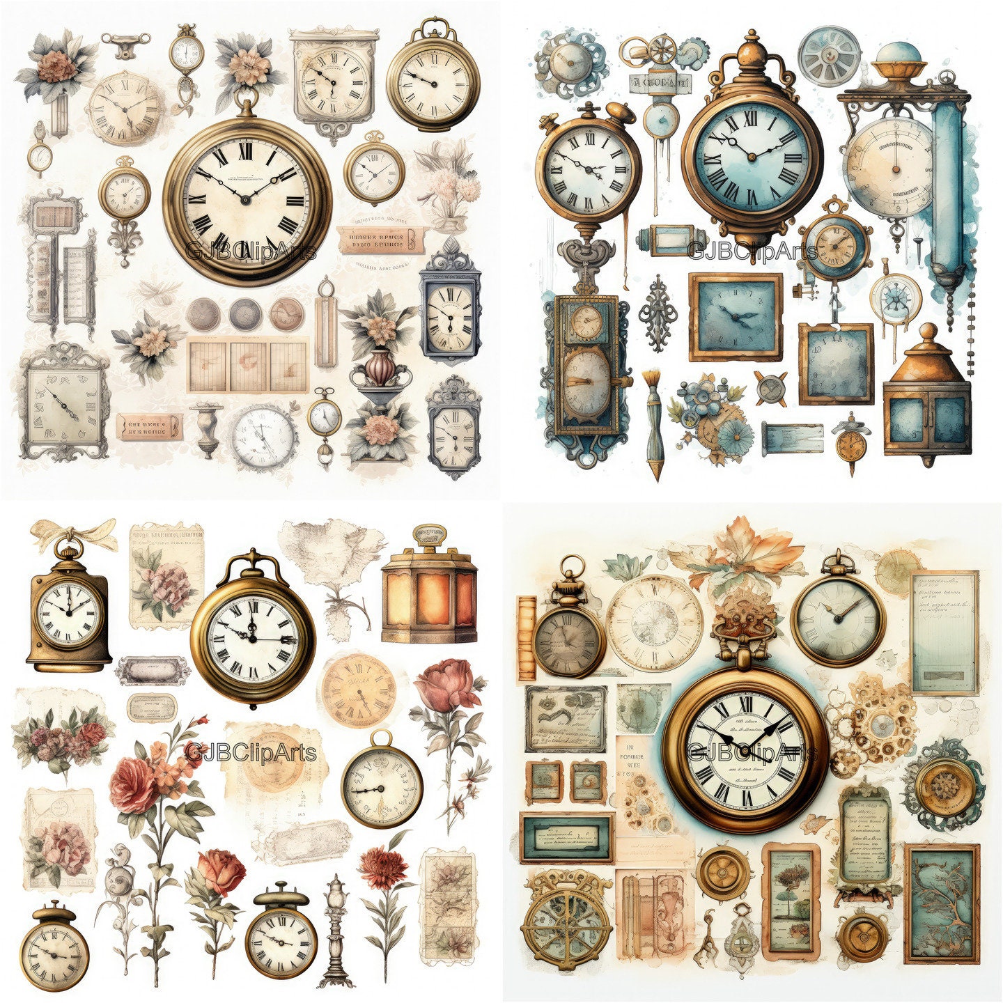 Vintage Clocks Junk Journal Kit Clipart, Antique Clock Clipart ...