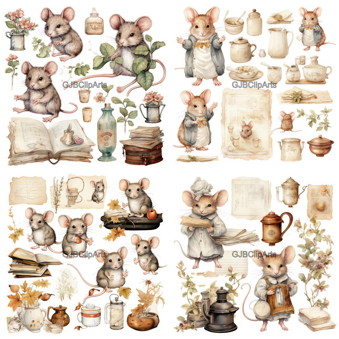 Vintage Mice Junk Journal Kit Clipart ,mouse Clipart Cheese Clipart ...
