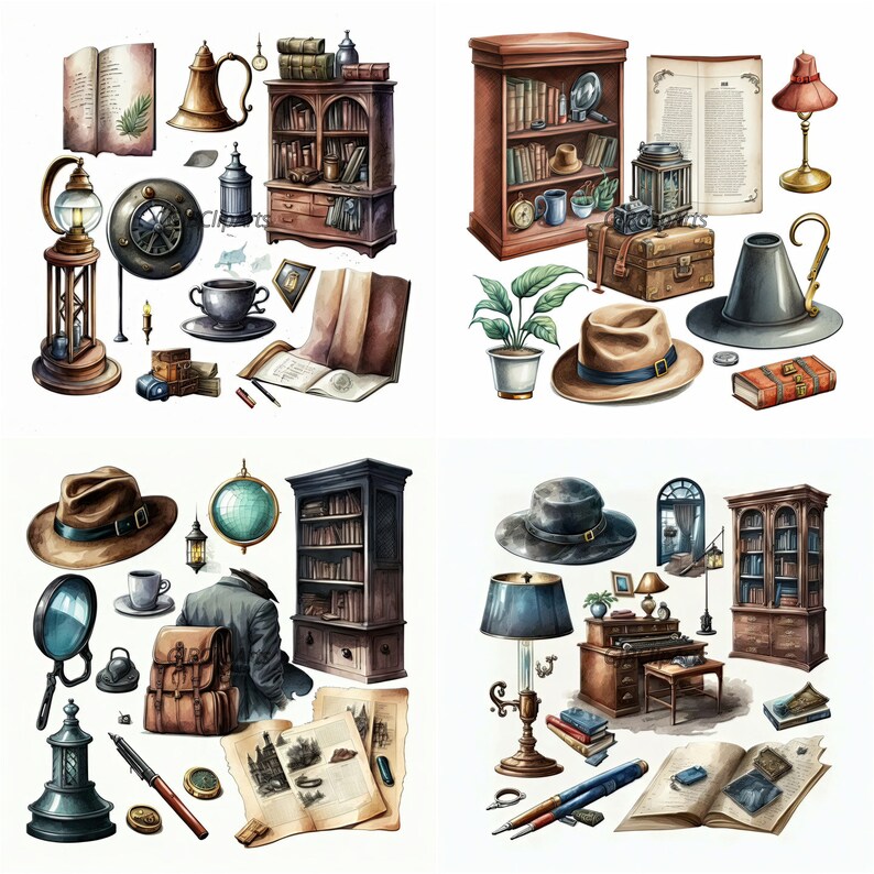 Mysterious Detective Inventory Collection Clipart: Watercolor Crime ...