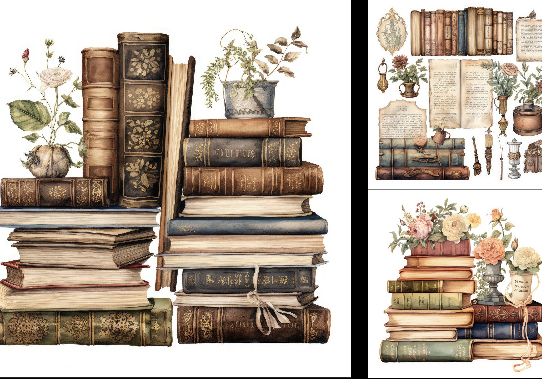 Vintage Books Junk Journal Kit Clipart ,open Book Clipart Bookmark ...