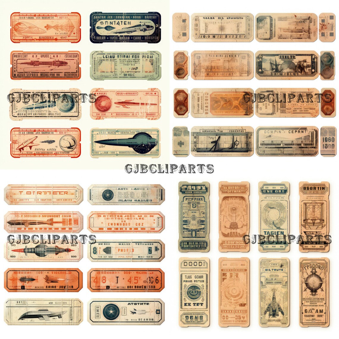 Spaceship Vintage Ticket Clipart, Evenly Spaced Clipart, Junk Journals ...