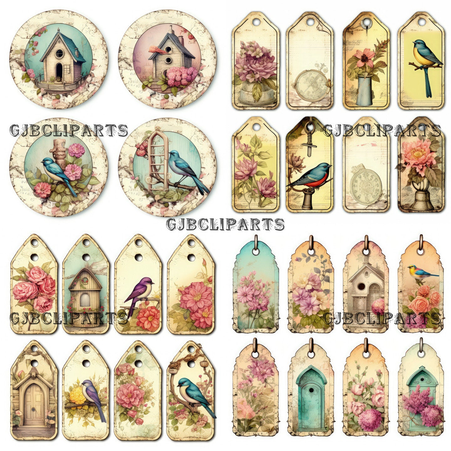 Bird House Ornamental Tag Clipartvintage Flower Tags Clipart - Etsy