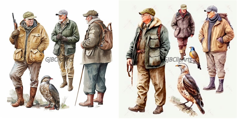 Adventurous Male Hunters Collection Clipart: Watercolor Hunting Scenes ...