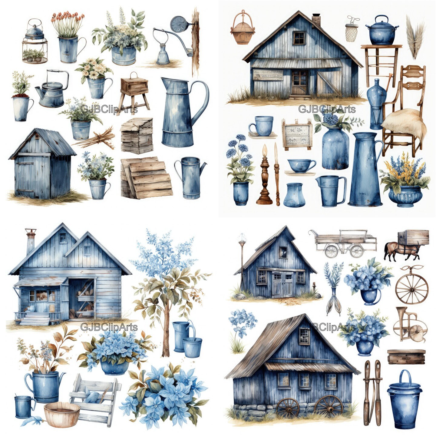 Vintage Blue Farmhouse Decor Clipart, Blue Decor Clipart, Scrapbooks ...