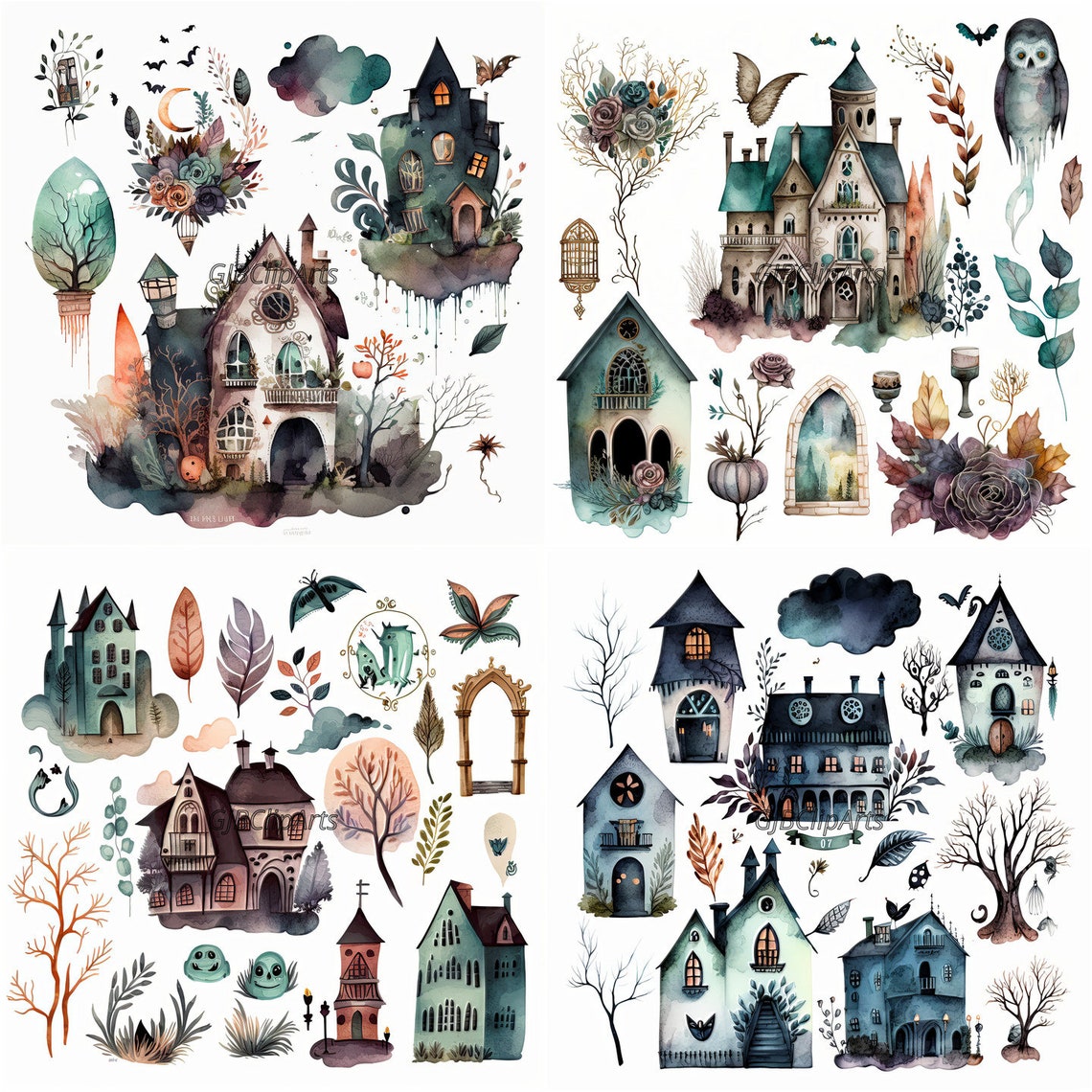 Spooky Boho Whimsical Haunted Mansions Watercolor Clip Art Collection ...