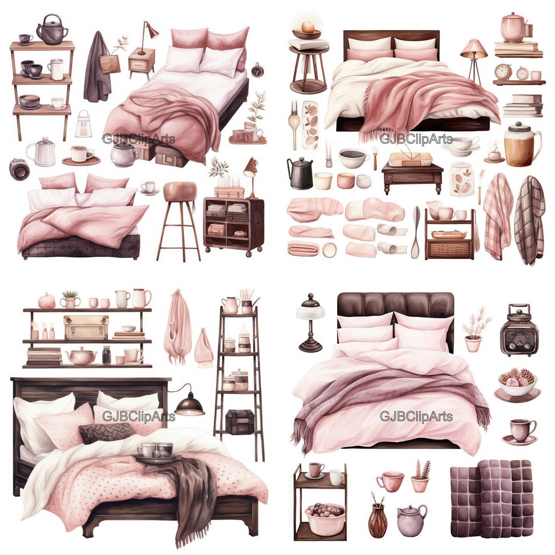 Cozy Girls Bedroom Clipart, Pastel Pink and Chocolate Brown Decor ...
