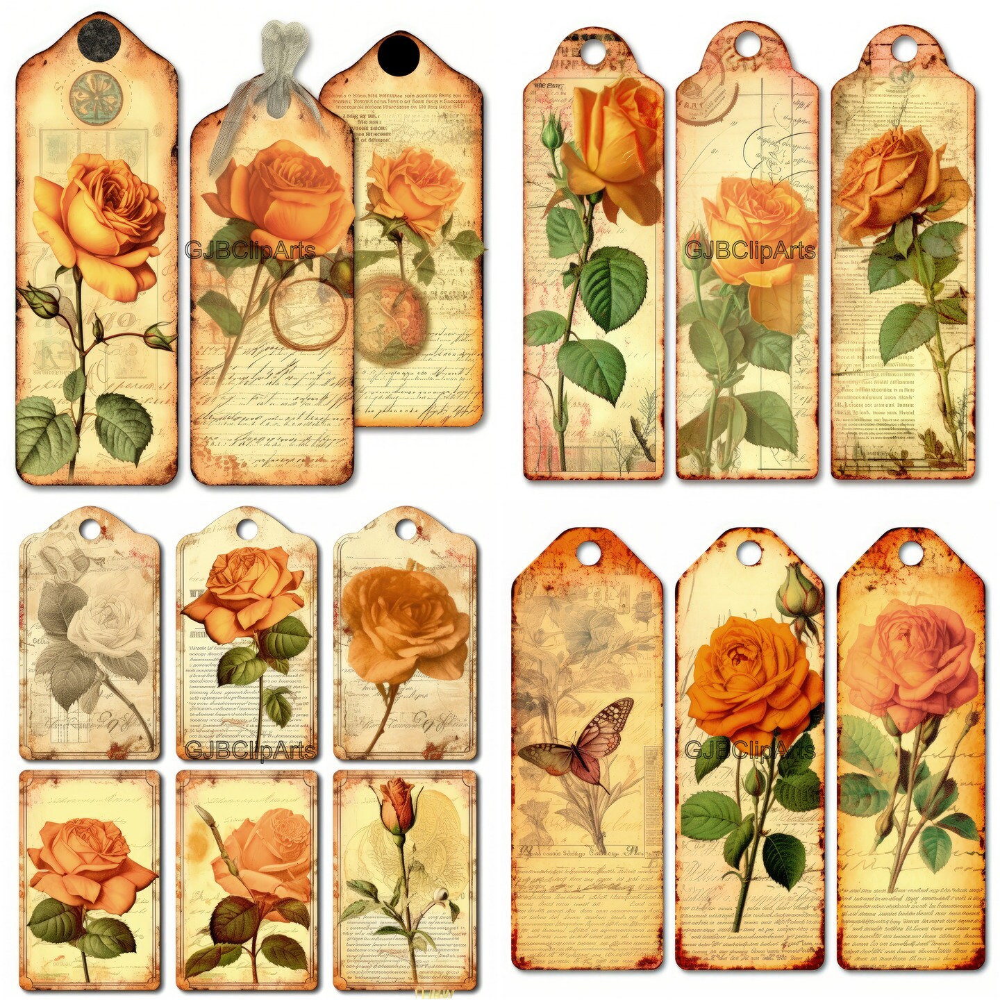 Orange Rose Tag Clipart Beautiful Vintage Tags Antique Paper - Etsy