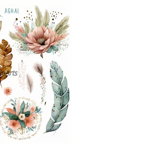 Cute Boho Collection: Watercolor Flowers, Leaves, Feathers Clipart ...