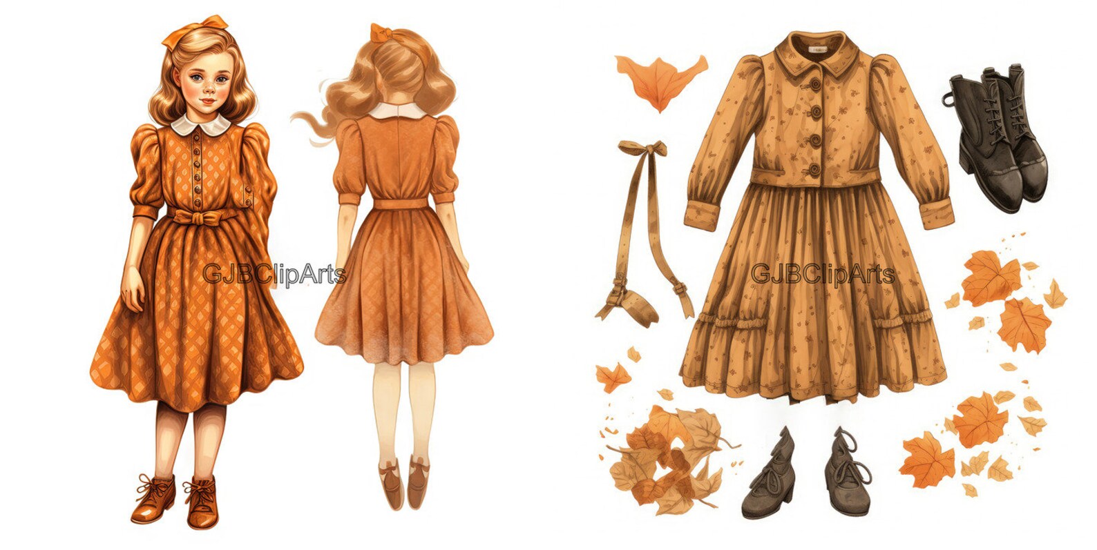 Vintage Fall Dress Girl Clipart, Autumn Clipart, Cute Girl Clipart ...