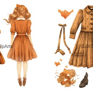 Vintage Fall Dress Girl Clipart, Autumn Clipart, Cute Girl Clipart ...