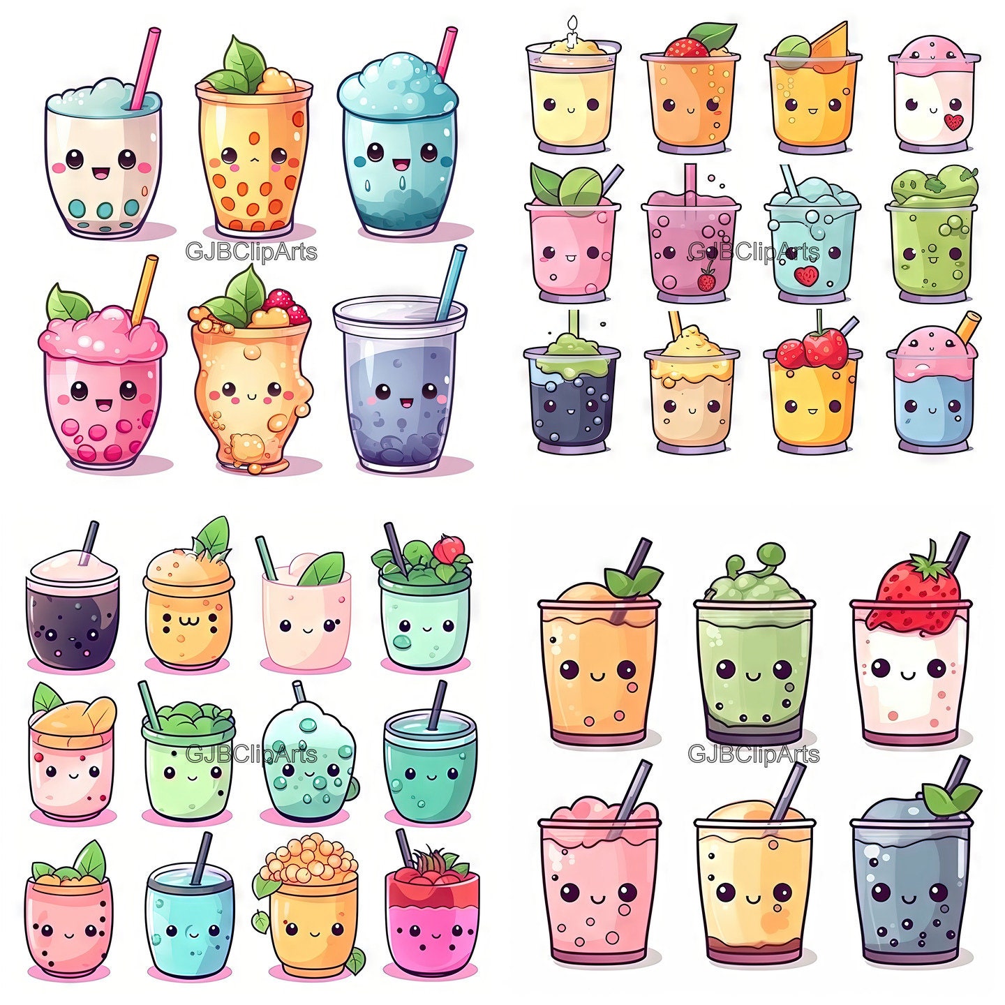Boba Tea Clipart: Kawaii Boba Tea, Digital Stickers, Digital Clipart ...