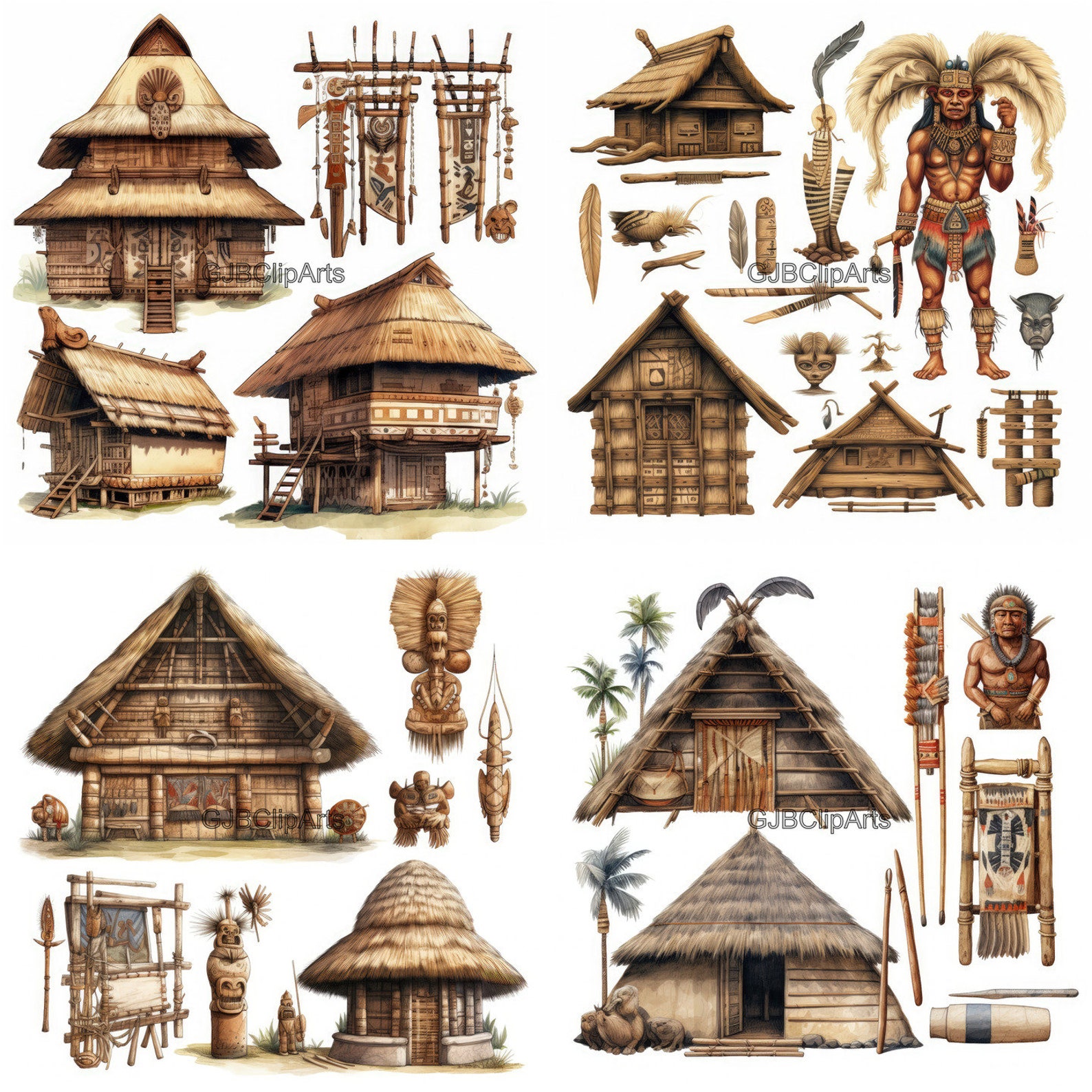 Vintage Taíno Chief House Clipart, Hut Clipart, Palm Tree Clipart ...