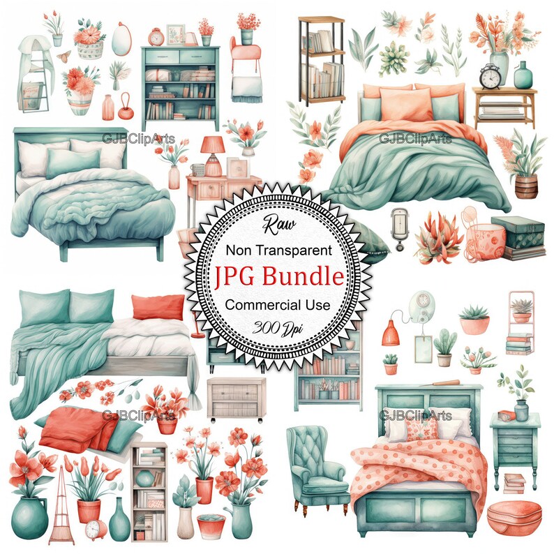 Cozy Girls Bedroom in Coral and Teal Clipart, Bedroom Decor Clipart ...