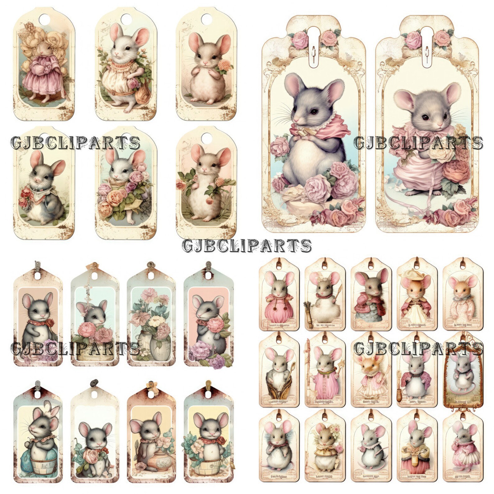 Cute Mice Ornamental Tag Clipart, Beautiful Vintage Tags With Antique ...
