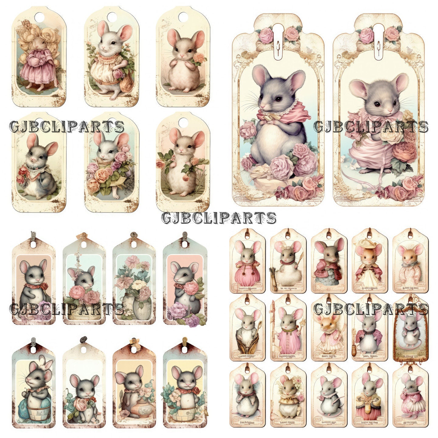 Cute Mice Ornamental Tag Clipart, Beautiful Vintage Tags With Antique ...