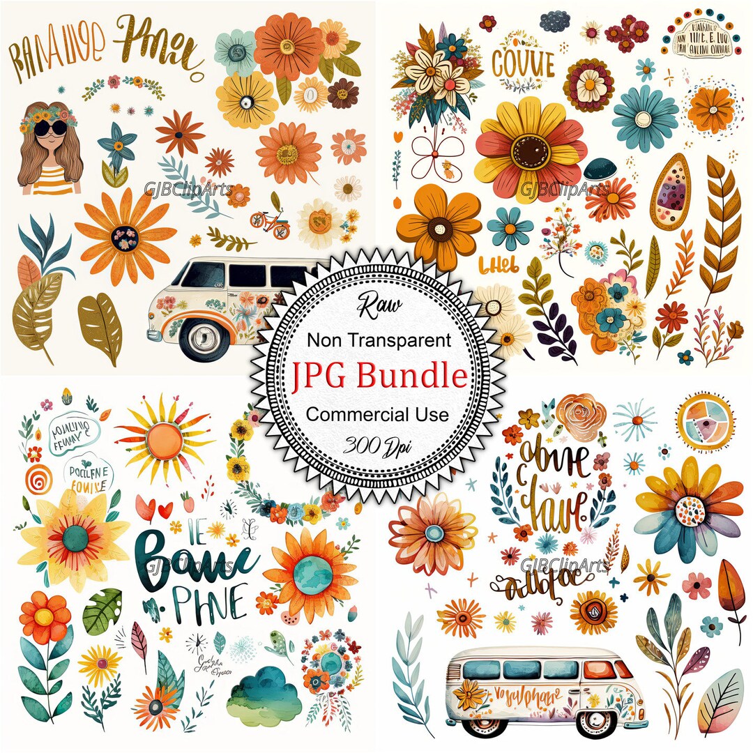 Groovy Flower Power Collection: 1970s Watercolor Clip Art, Vintage ...