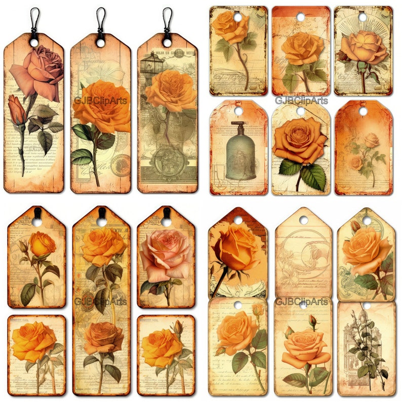 Orange Rose Tag Clipart Beautiful Vintage Tags Antique Paper - Etsy