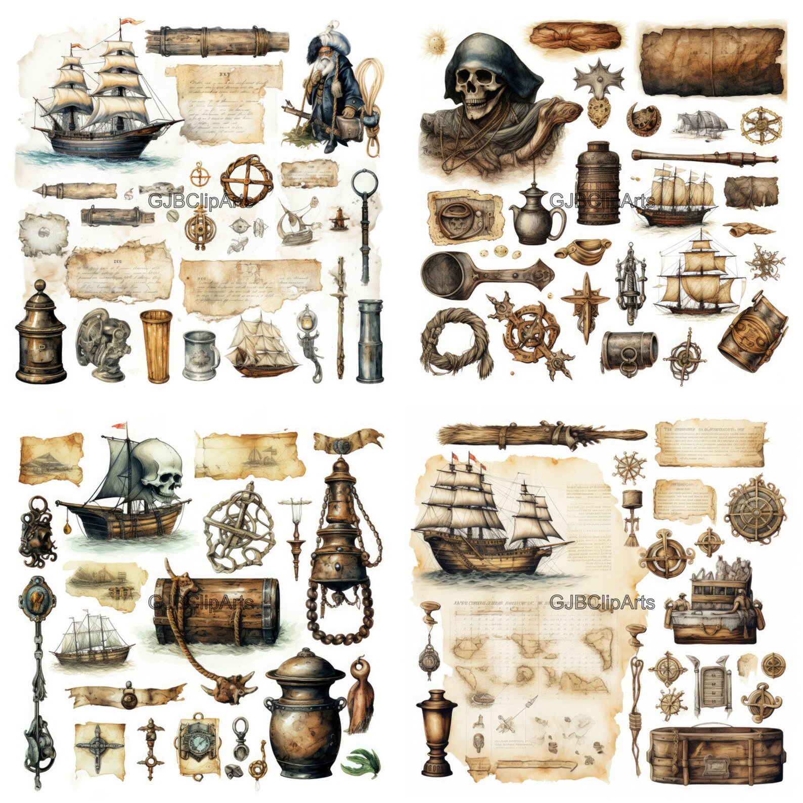 Vintage Pirates Junk Journal Kit Clipart, Pirate Ship Clipart Treasure ...