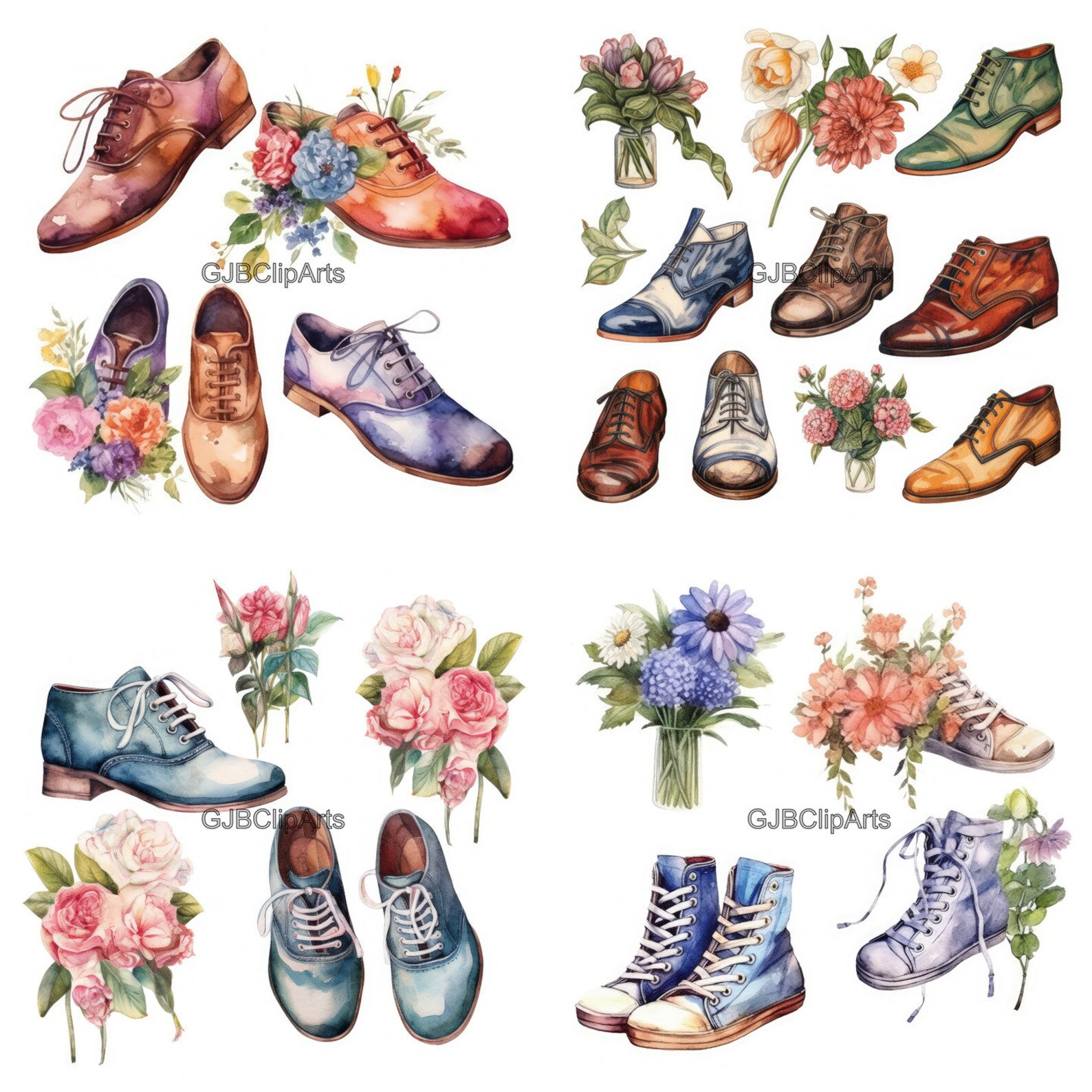 Vintage Shoes With Flower Watercolor Clipart, Shoe Clipart, Flower ...