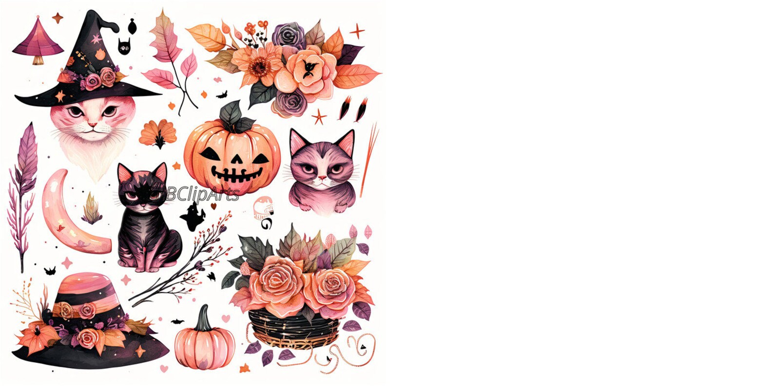 Whimsical Halloween Watercolor Clip Art Collection: Pink, Orange, Black ...