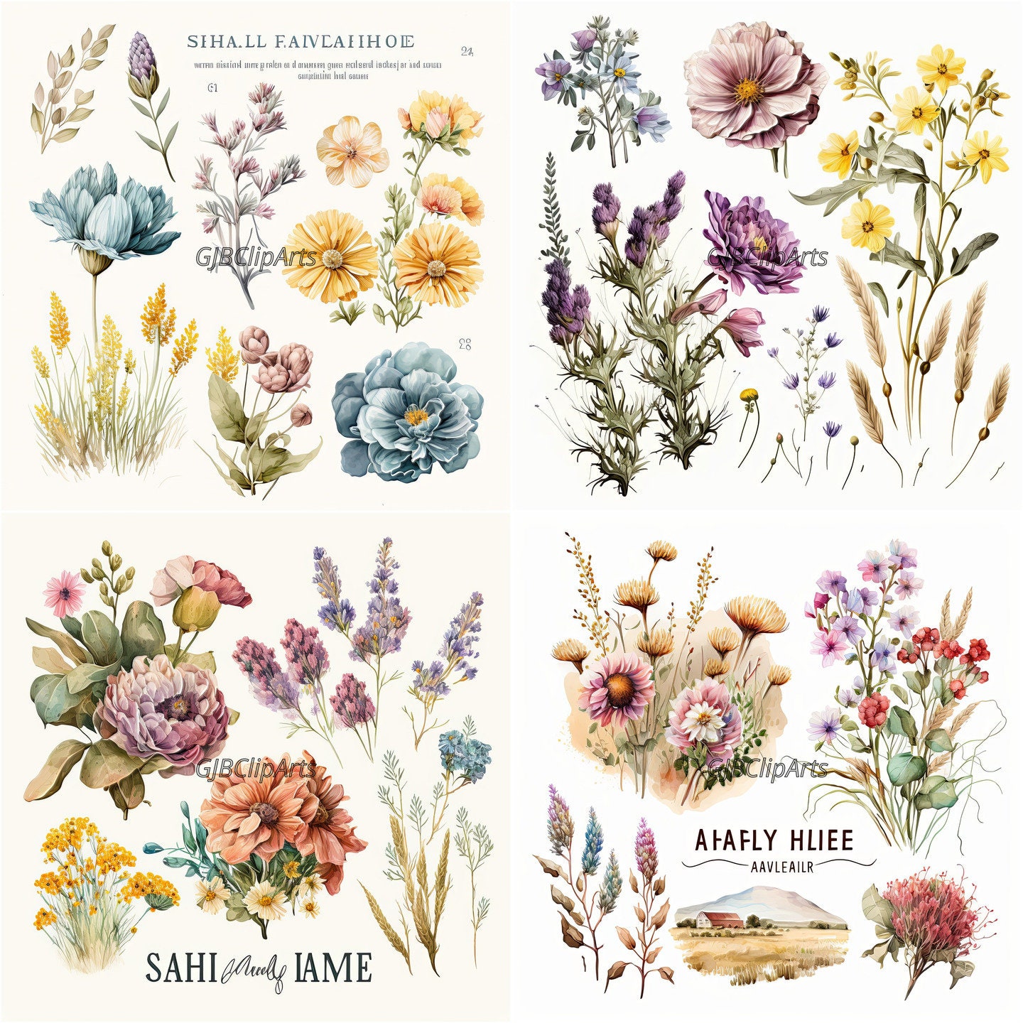 Delicate Ranch Flowers Clipart: Watercolor Floral Illustrations, 300 ...
