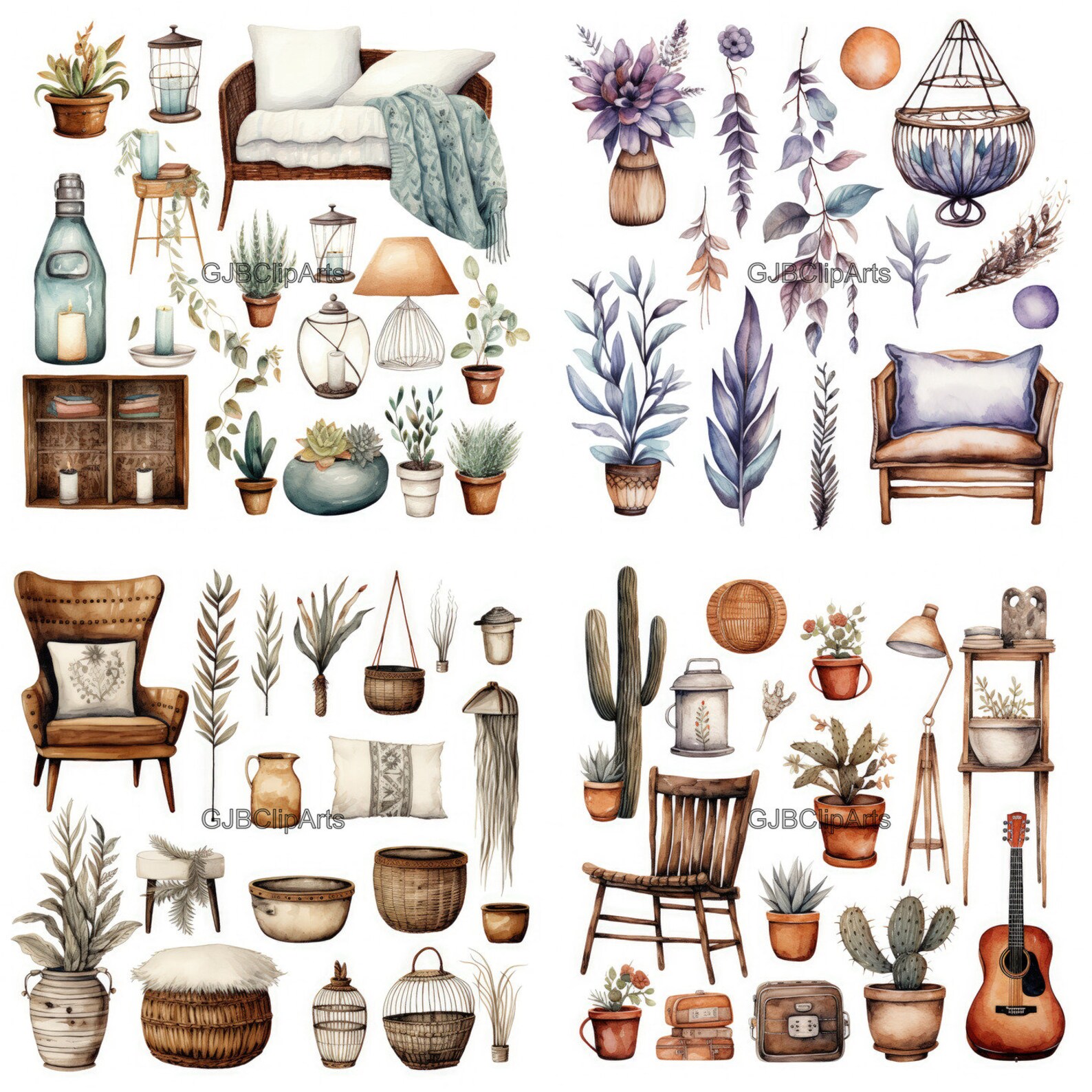 Boho Home Decor Collection Clipart, Bohemian Home Decor Clipart ...