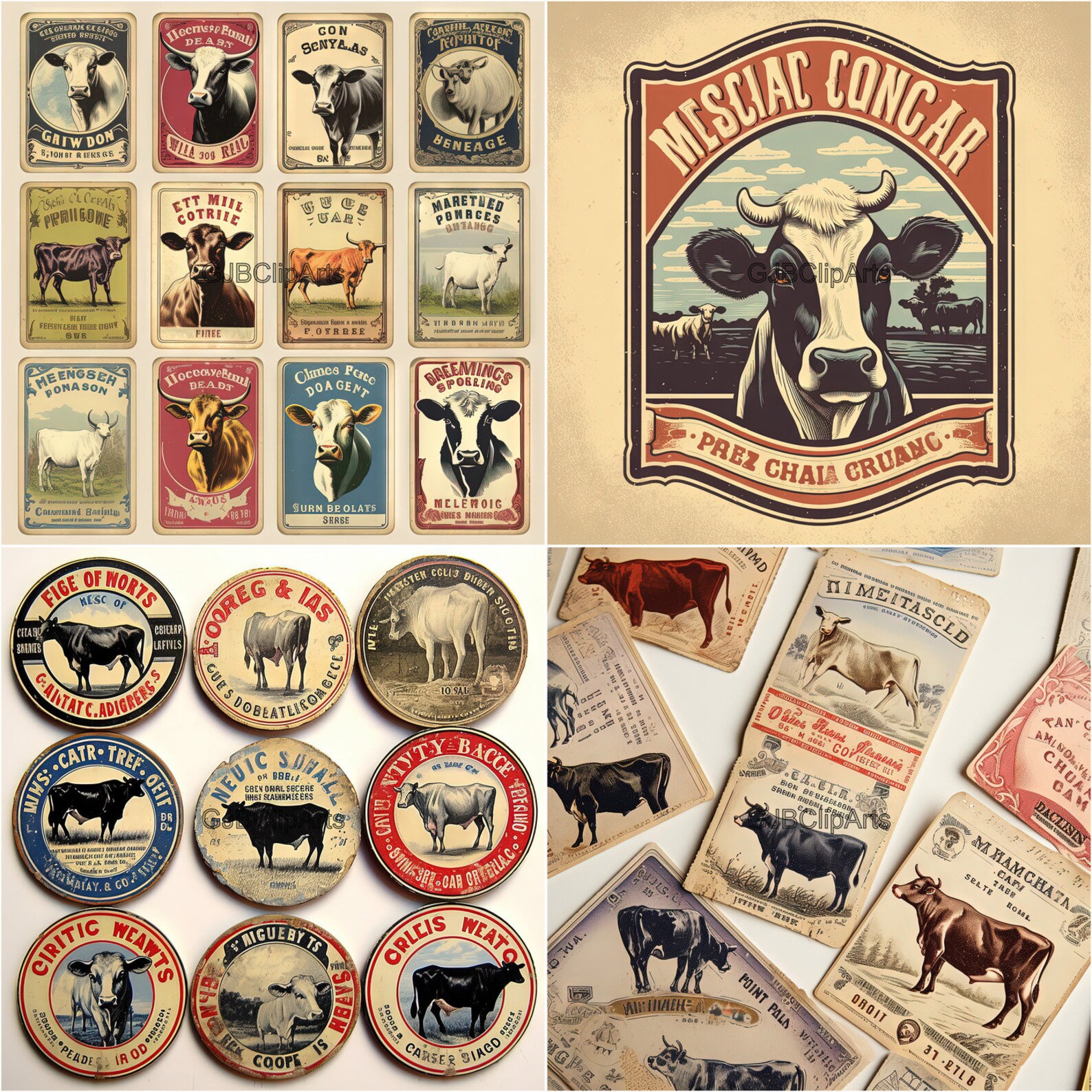 Vintage Cow Labels Clipart, Classic Digitized Art ,digital Clipart ...