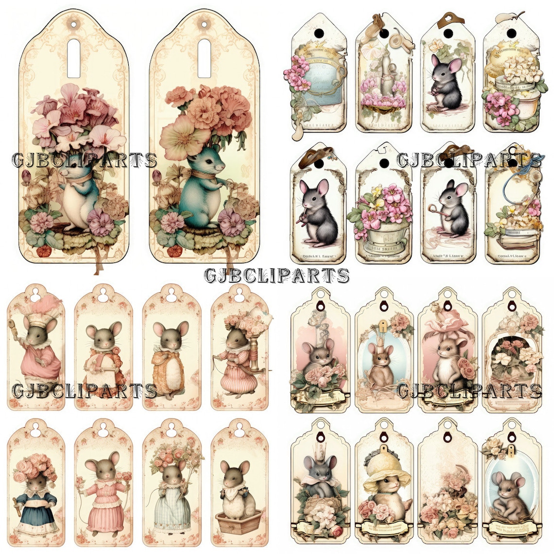 Cute Mice Ornamental Tag Clipart, Beautiful Vintage Tags With Antique ...
