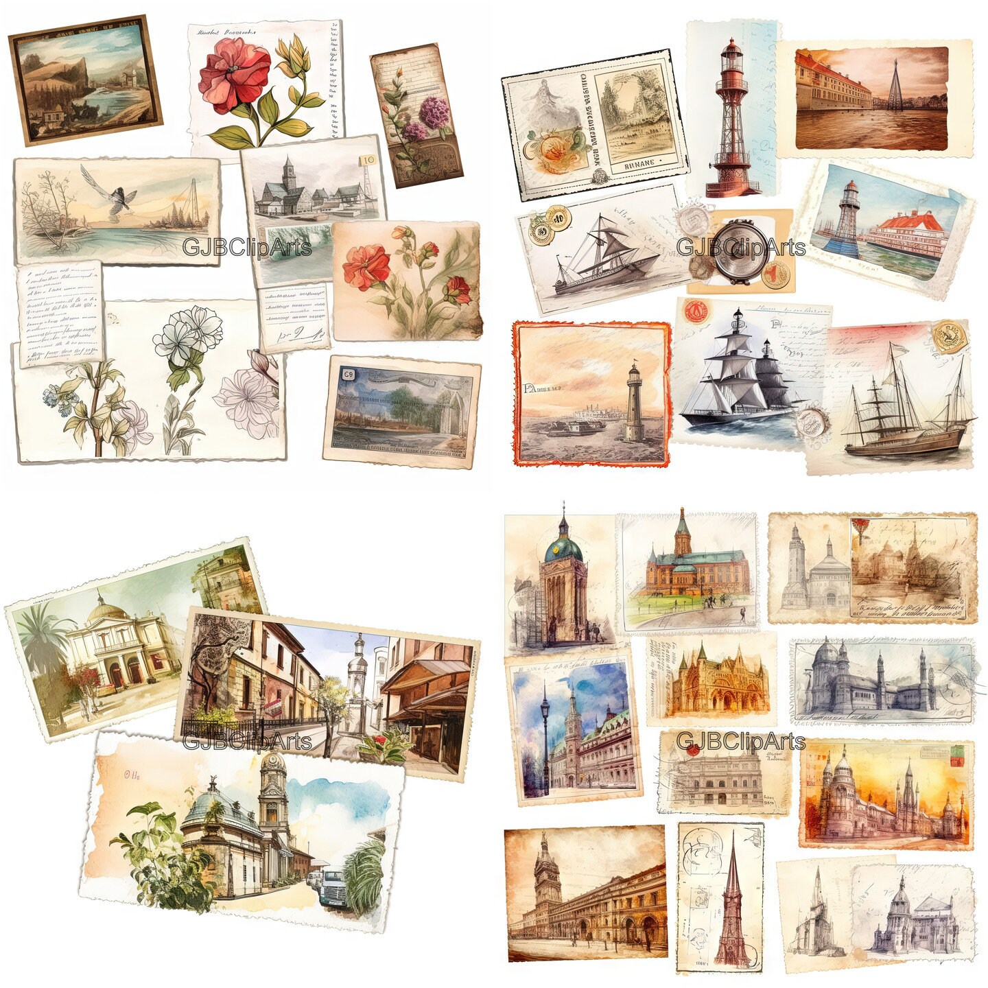 Vintage Postcards Clipart Collection - White Background, Digital ...