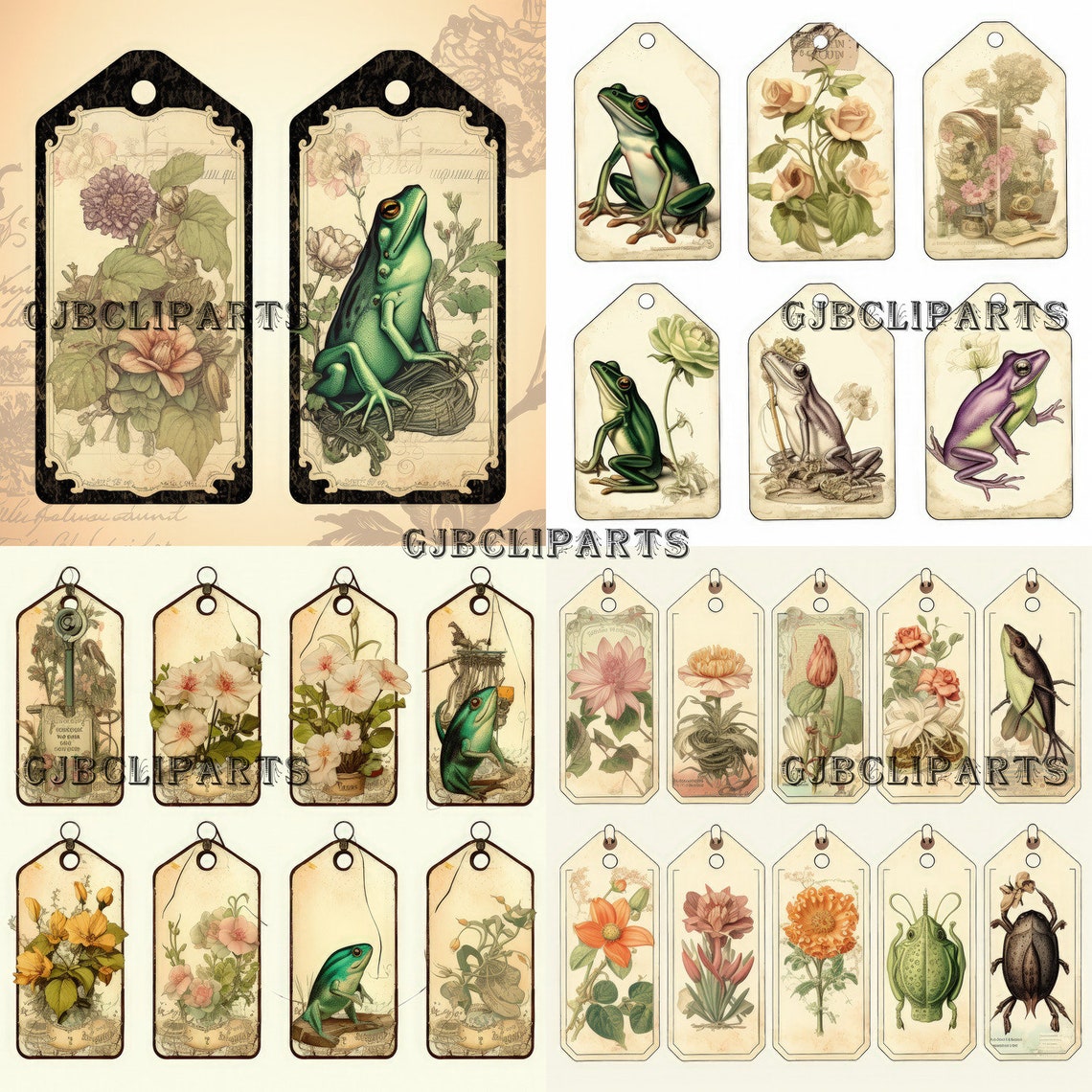 Frogs Ornamental Tag Clipart, Beautiful Vintage Tags With Antique ...