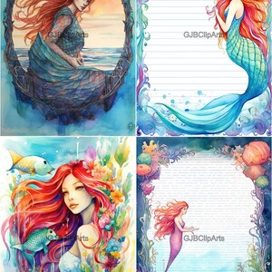Mermaid Themed Writing Paper Watercolor Clipart, Scrapbooker Gift ...