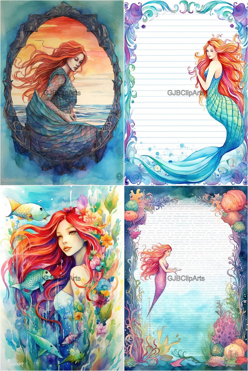Mermaid Themed Writing Paper Watercolor Clipart, Scrapbooker Gift ...