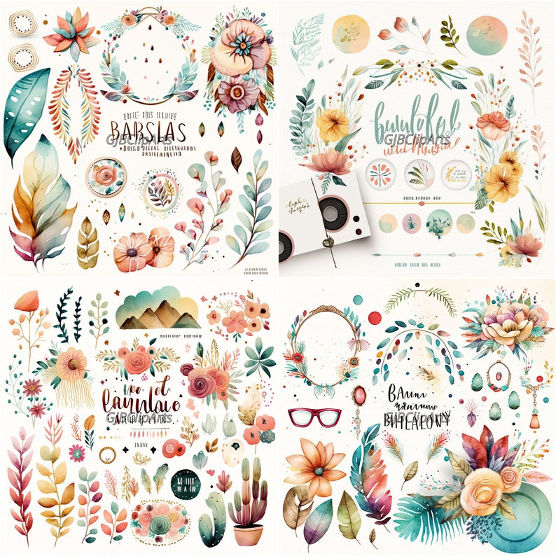 Versatile Retro Boho Watercolor Clip Art, Assorted Designs for Wall Art ...