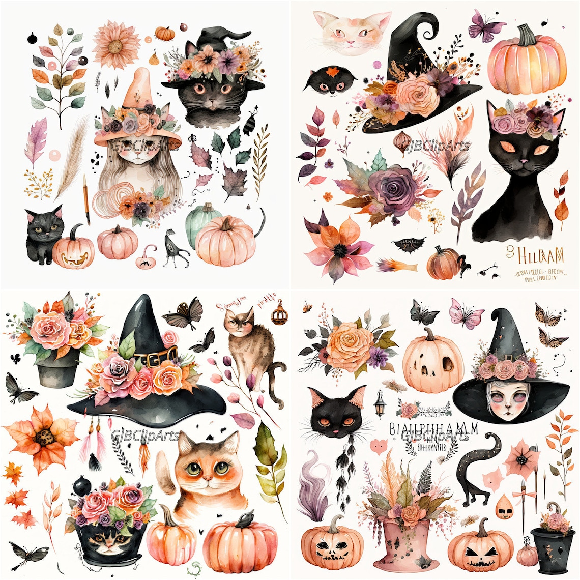 Whimsical Halloween Watercolor Clip Art Collection: Pink, Orange, Black ...