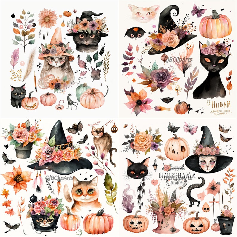 Whimsical Halloween Watercolor Clip Art Collection: Pink, Orange, Black ...