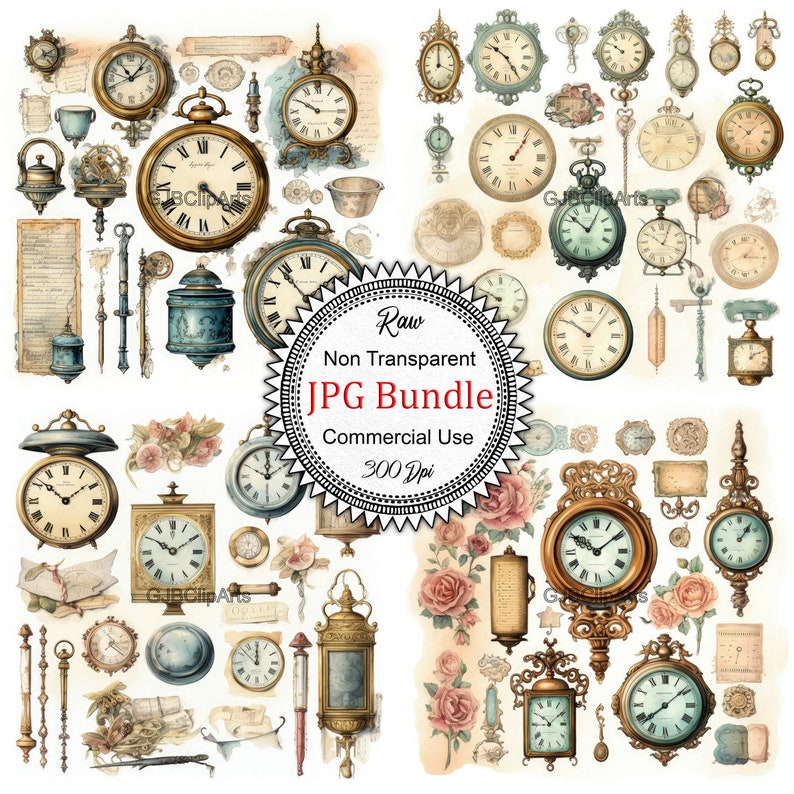 Vintage Clocks Junk Journal Kit Clipart, Antique Clock Clipart Timepiece Clipart, , Junk Journal ...