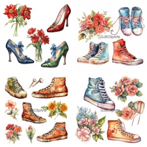 Vintage Shoes With Flower Watercolor Clipart, Shoe Clipart, Flower ...