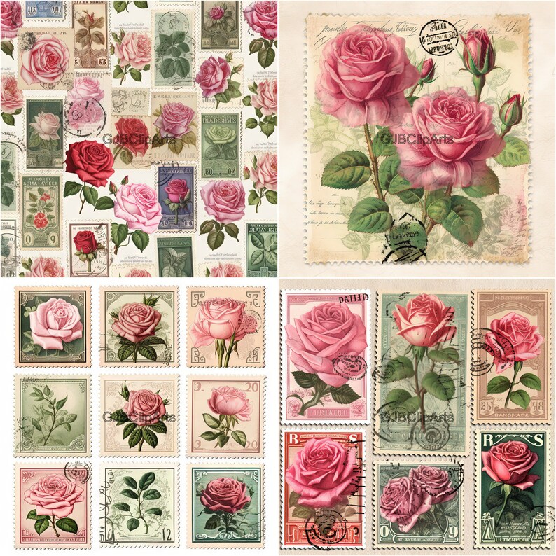Vintage Postage Stamps With Pink Roses and Delicate Vines,digital ...