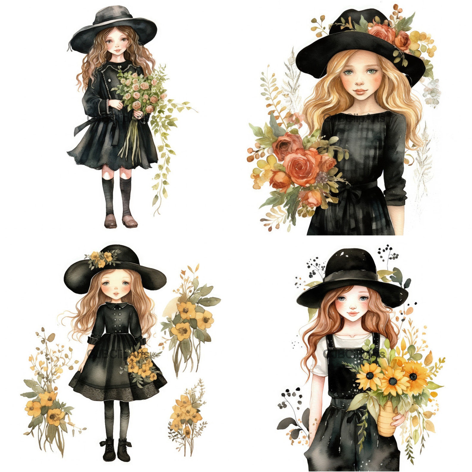 Watercolor Holly Hobbie Girl in Black Dress Clipart, Junk Journals ...