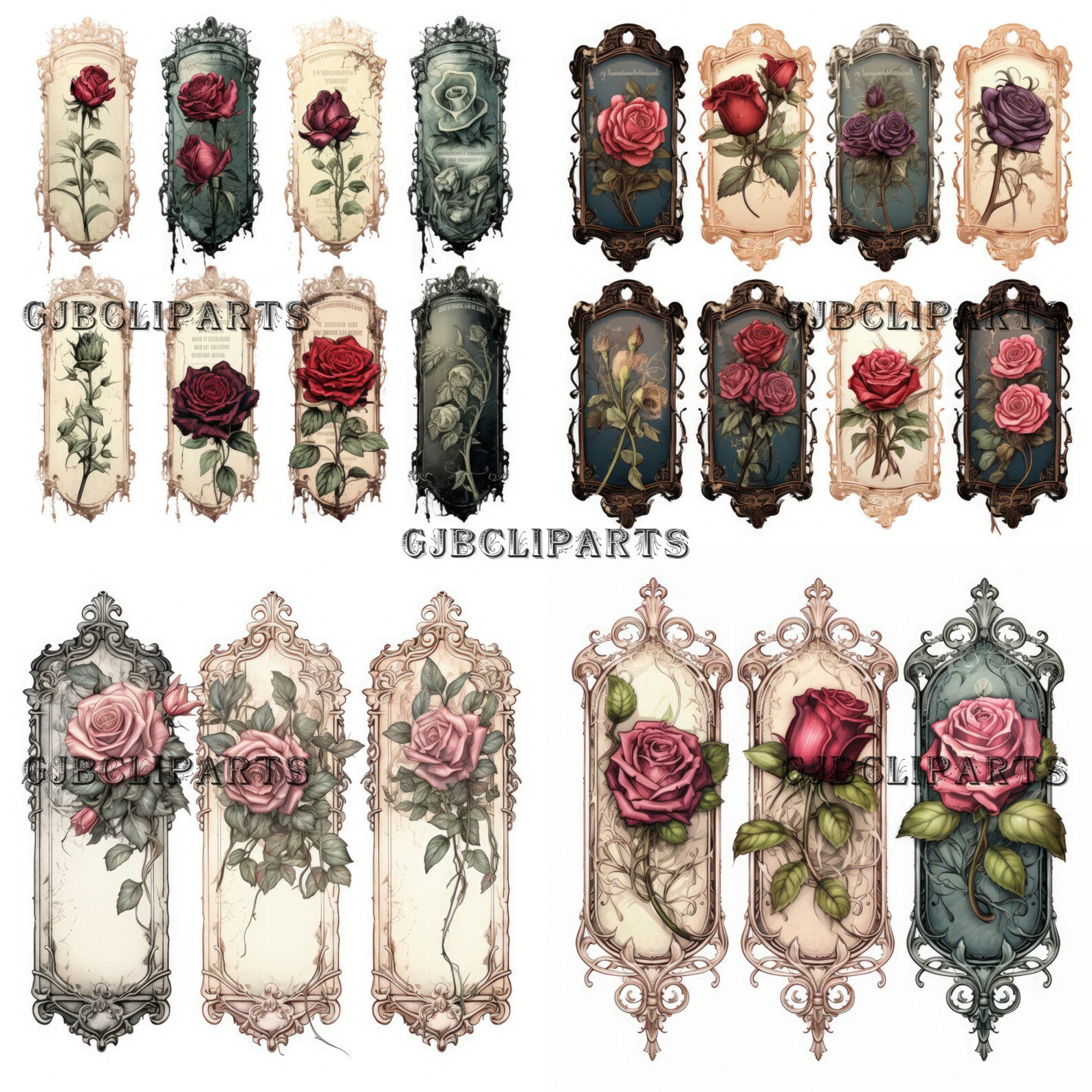 Gothic Roses Tall Ornate Labels, Junk Journal Book Vintage Clipart ...