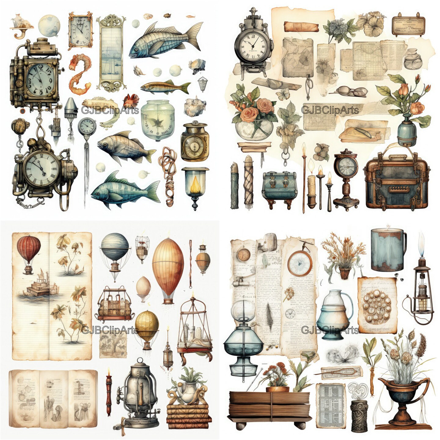 Vintage Surreal Junk Journal Kit Clipart, Clock Clipart Eye Clipart ...