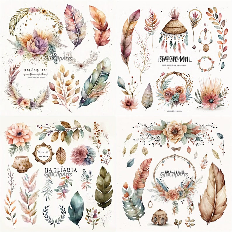 Cute Boho Collection: Watercolor Flowers, Leaves, Feathers Clipart ...