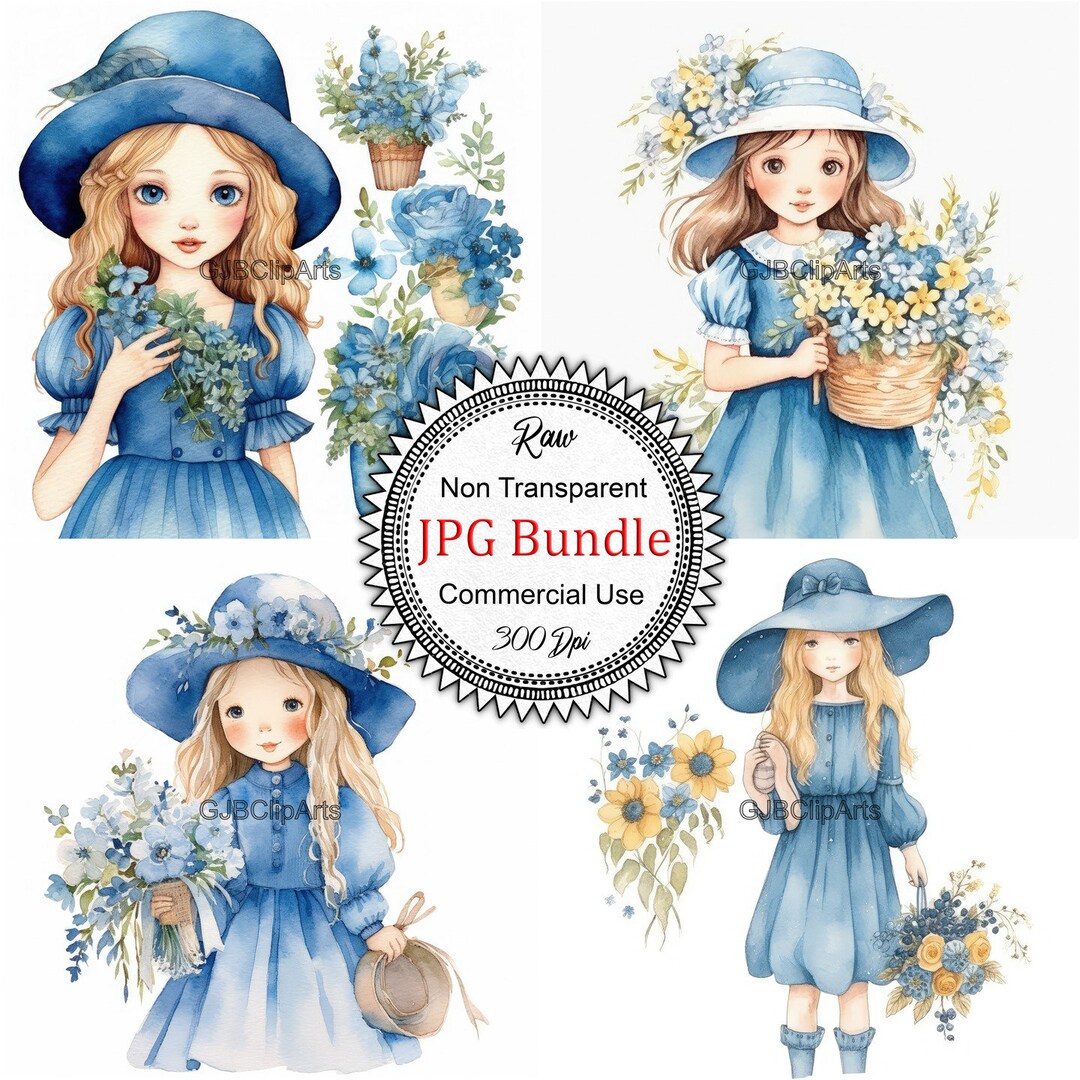 Watercolor Holly Hobbie Girl Clipart, Blue Dress and Florals Clipart ...