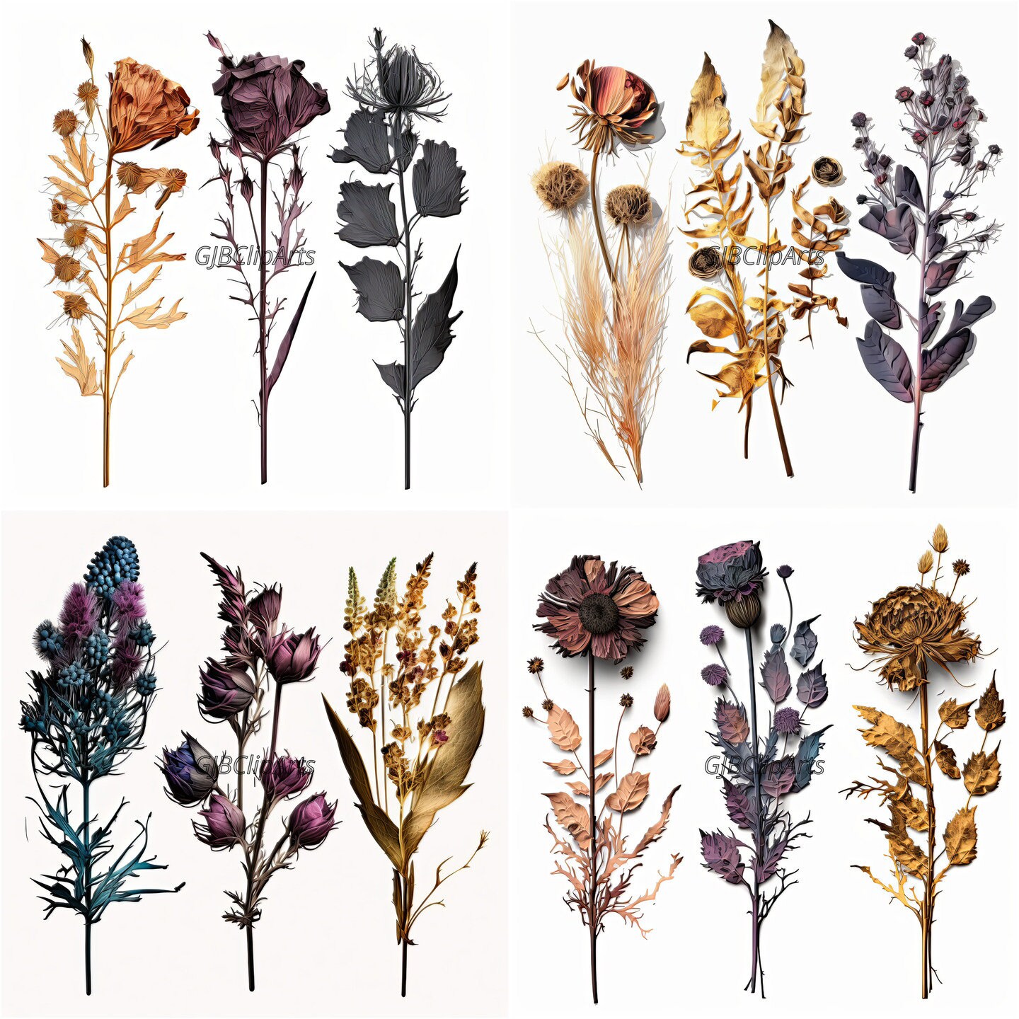 Three Pieces Decorative Dried Flowers Watercolor Collection ...
